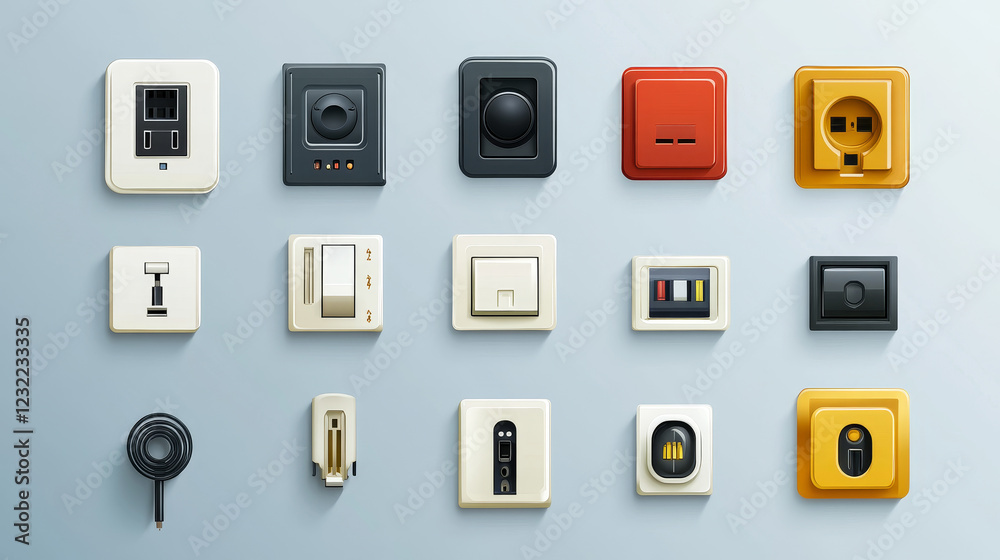 Electric sockets and switches on wall. Vector realistic set of 3d ...