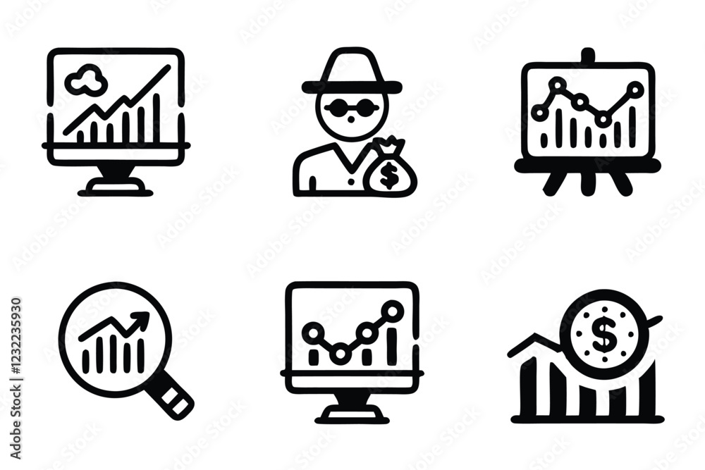 Editable line icons depicting AI applications in finance trading algorithms, blockchain, fintech ...