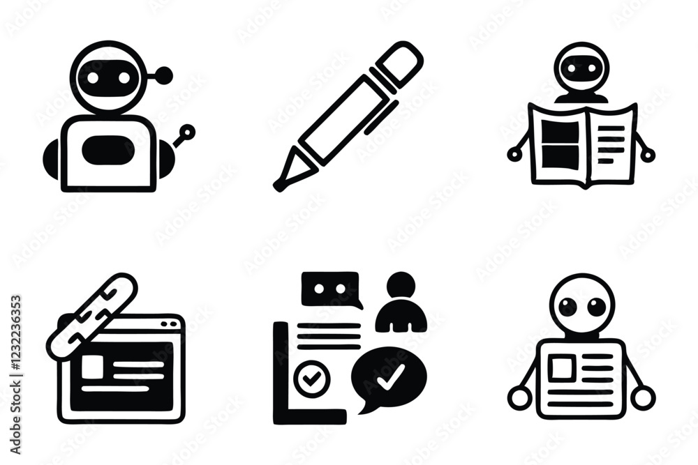 Editable line icons depicting AI's role in journalism news gathering ...