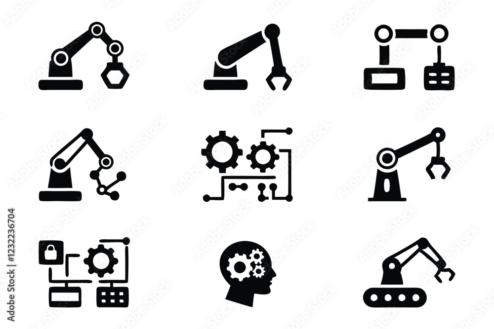 Editable icons depicting AI integration in a manufacturing assembly line; robots, automation ...