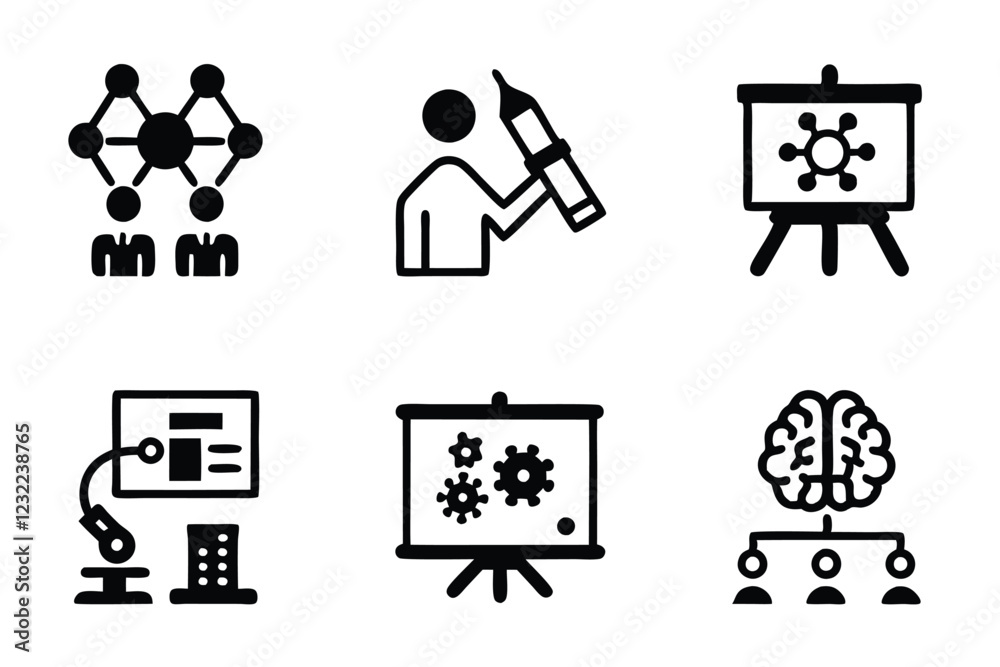 Editable line icons depicting AI research machine learning, neural networks, data analysis ...