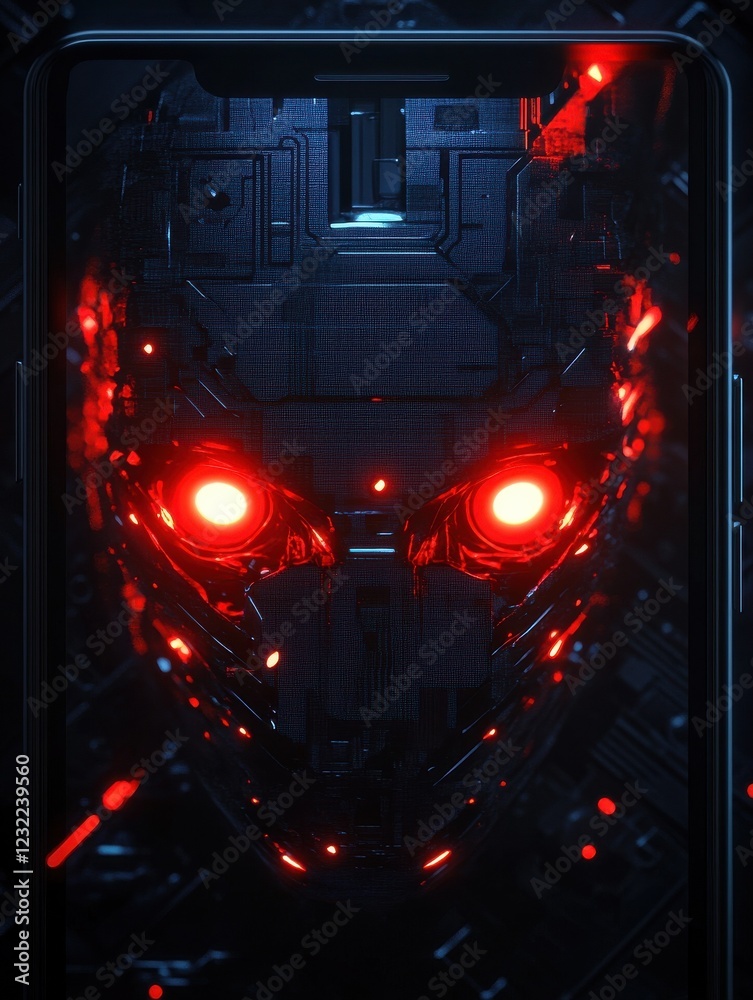 A Phone Screen Shows A Scary AI With Glowing Red Eyes The AI Looks a-phone-screen-shows-a-scary-ai-with-glowing-red-eyes-the-ai-looks