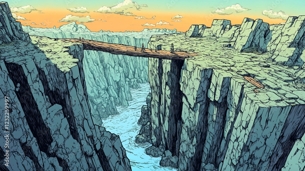 Dangerous rocky cliff above river with log as foot bridge over abyss ...