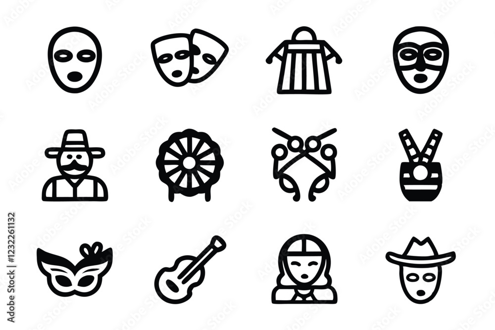 Create a line art icon set depicting diverse cultural symbols, easily ...