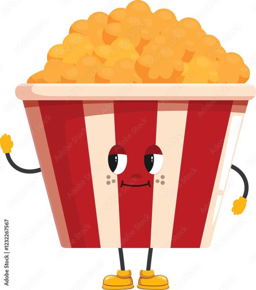 Cartoon popcorn bucket character showing muscle and giving a look of ...