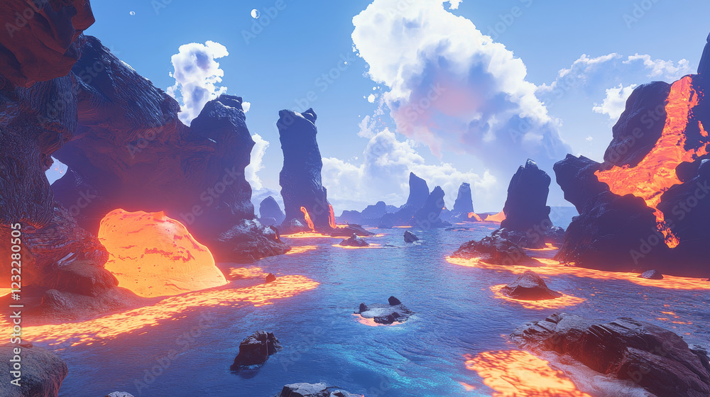 Hell landscape, infernal hot volcano cave with lava flow from cracked ...