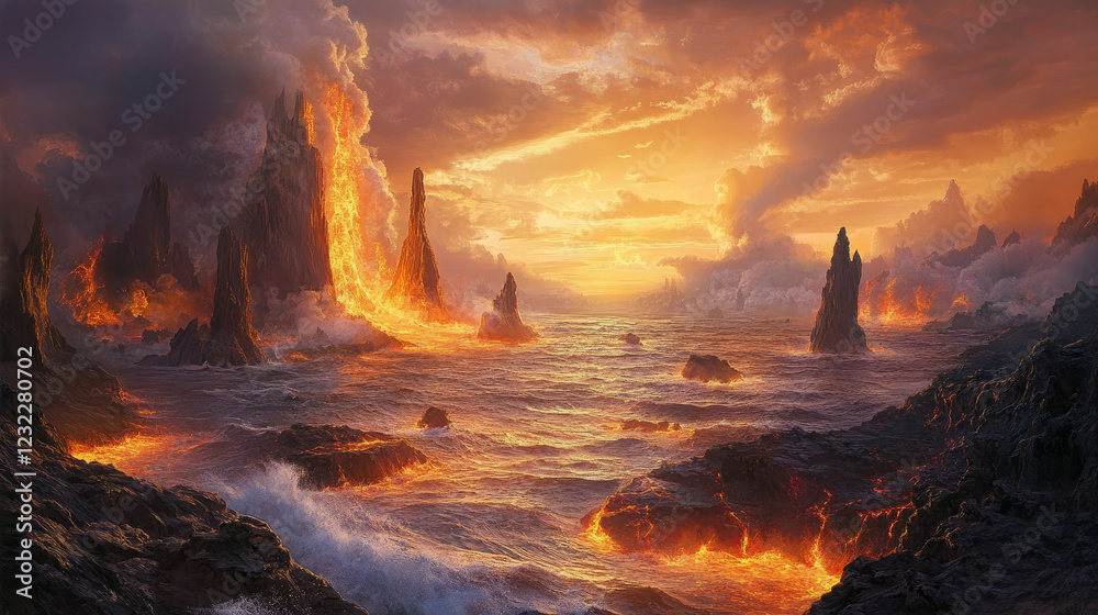 Hell landscape, infernal hot volcano cave with lava flow from cracked ...