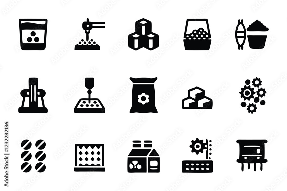 Create a clean, editable icon set depicting various stages of plastic ...