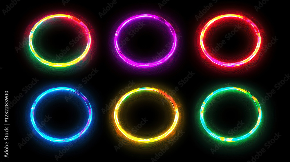 Neon glowing circle frame with glitch effect on black background. Realistic vector illustration ...
