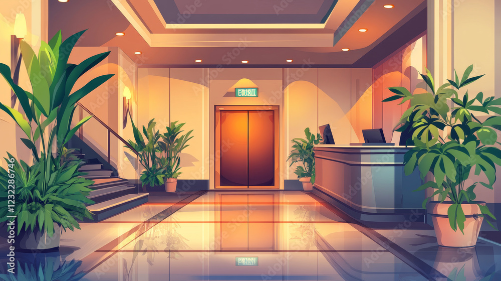 Hotel reception desk and lobby. Vector cartoon illustration of large ...