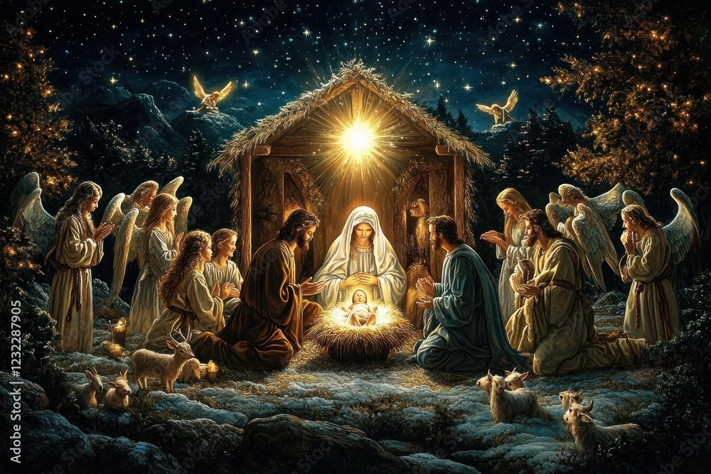 Nativity Scene Oil Painting with Holy Family Christmas Illustration of ...