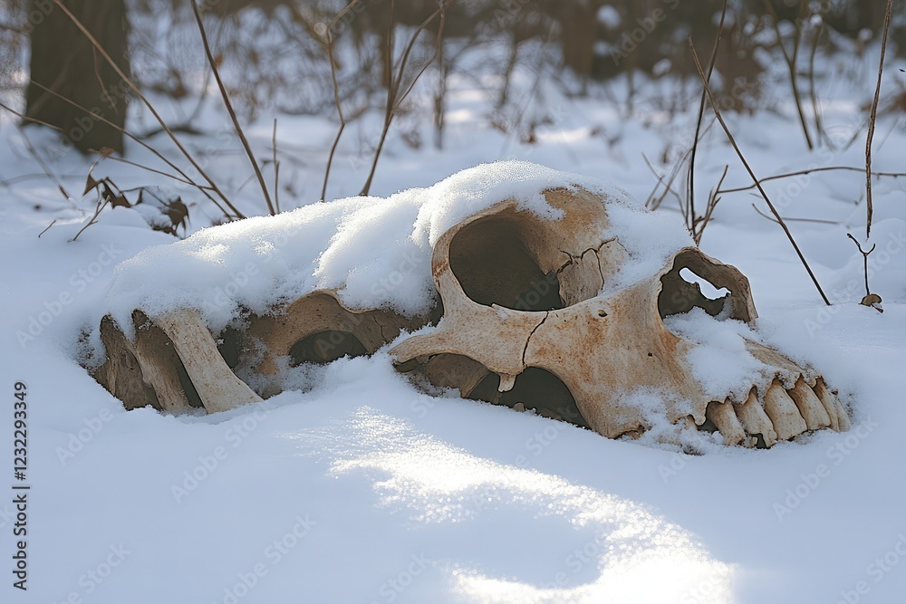 Scattered animal bones partially buried under snow, hinting at the ...