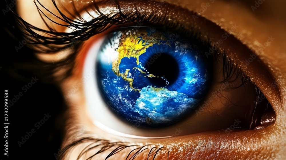 Global vision symbolized by a world map embedded in a human eye. Stock ...