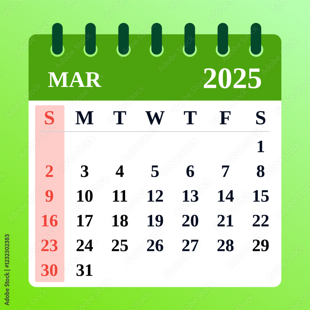 Image vectorielle Stock Green march 2025 Monthly Calendar and Planner ...