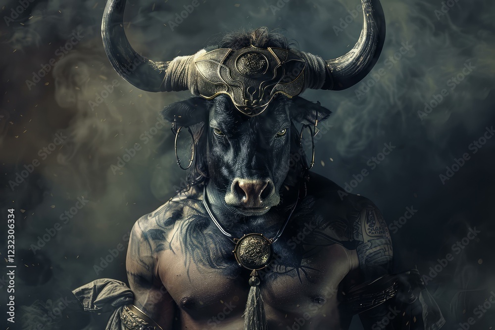Powerful minotaur warrior with horns and tattoos emerging from a smoky ...
