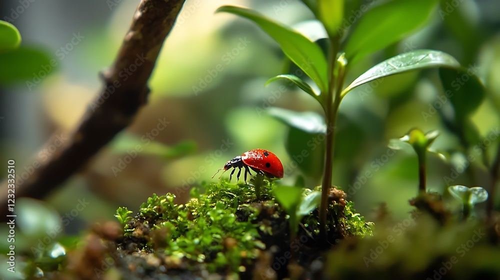 Ladybug on Mossy Ground Amidst Lush Greenery Stock Illustration | Adobe ...