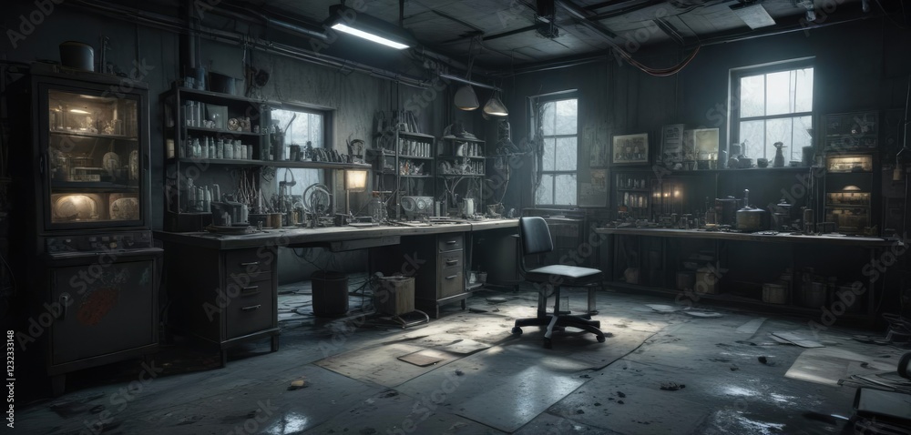 Creepy, abandoned laboratory with equipment malfunctioning, broken ...
