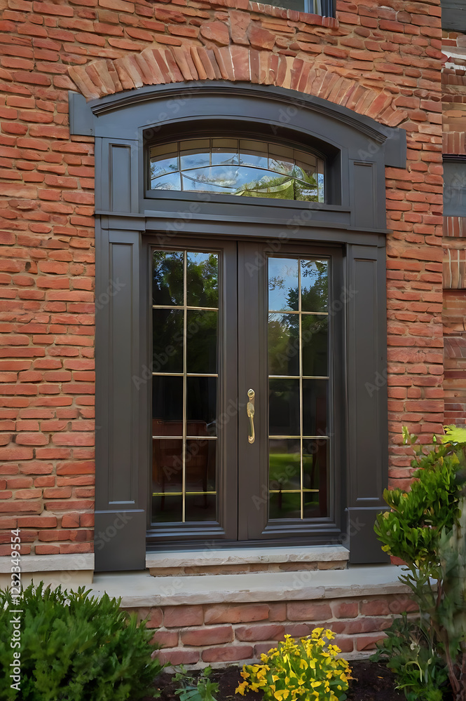 Elegant Dark Brown Double Door with Transom Window in Brick House ...