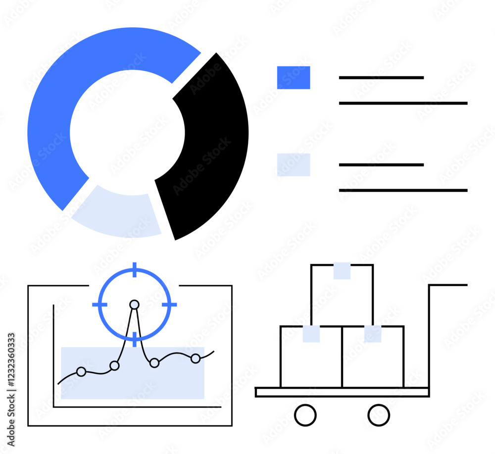 Pie chart, graph with line plot and target marker, and package cart ...