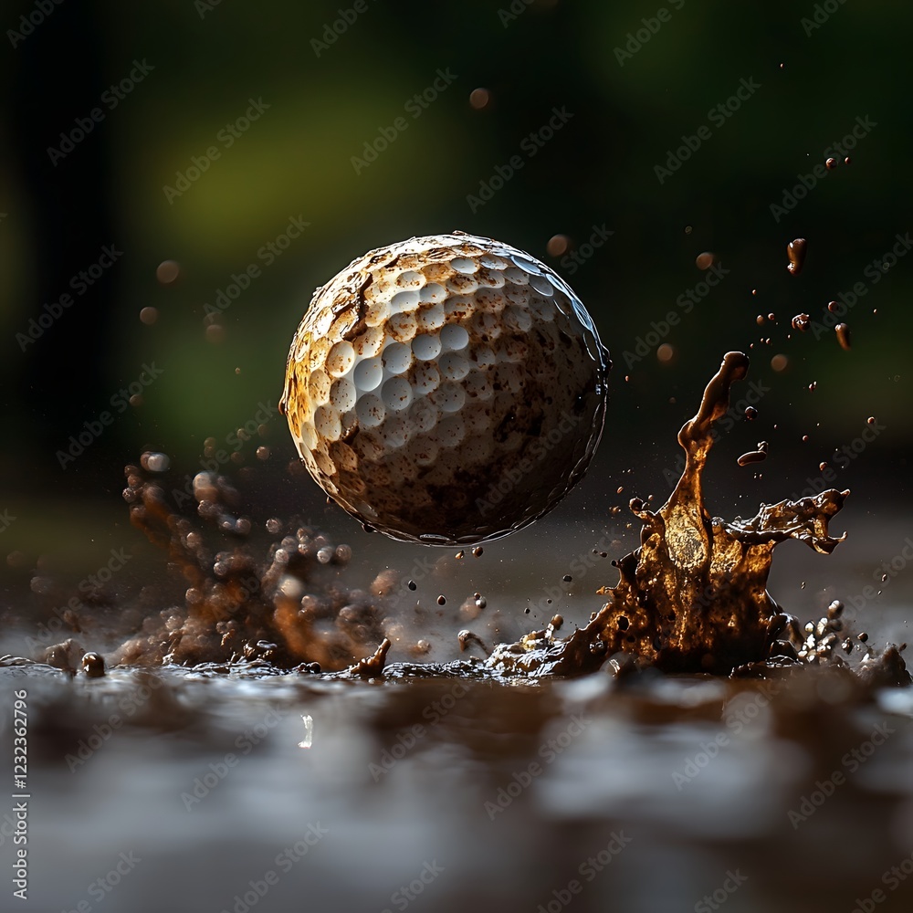 Golf ball in midair captured moments before hitting the muddy ground ...
