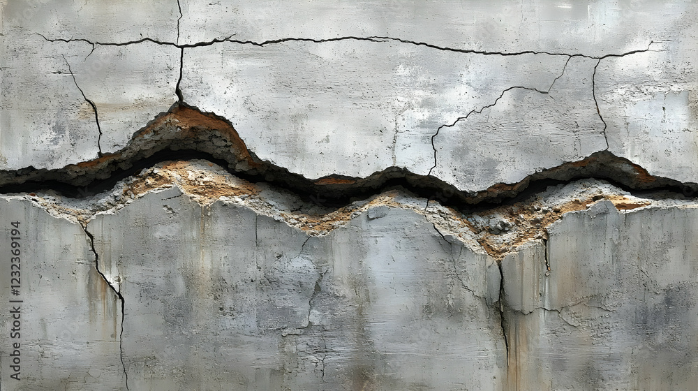 Cracked concrete wall shows damage and weathering, signifying decay and ...