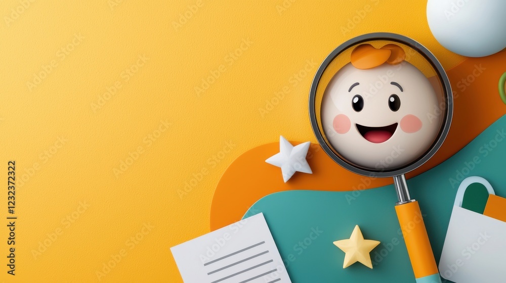 Cheerful magnifier icon with a smiley face representing the concept of ...