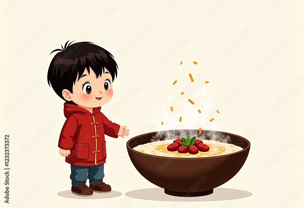 Winter scene illustration, cute boy next to steaming congee, hand-drawn ...