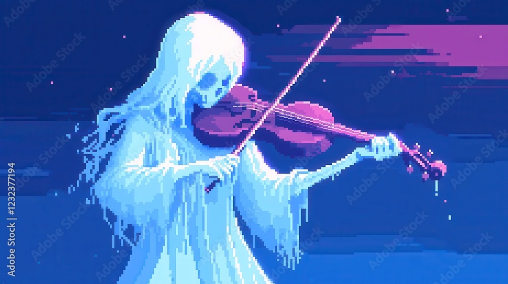 Cursed Violin Melodies, a pixel art scene showcasing an enchanted ...