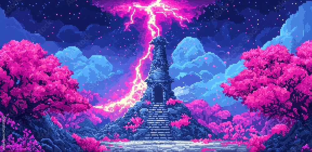 Forgotten Wizard's Tower, a pixel art scene depicting a mystical tower ...