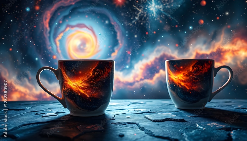 Hyperrealist space-inspired cups, macro views of surreal nebulas, vivid ...
