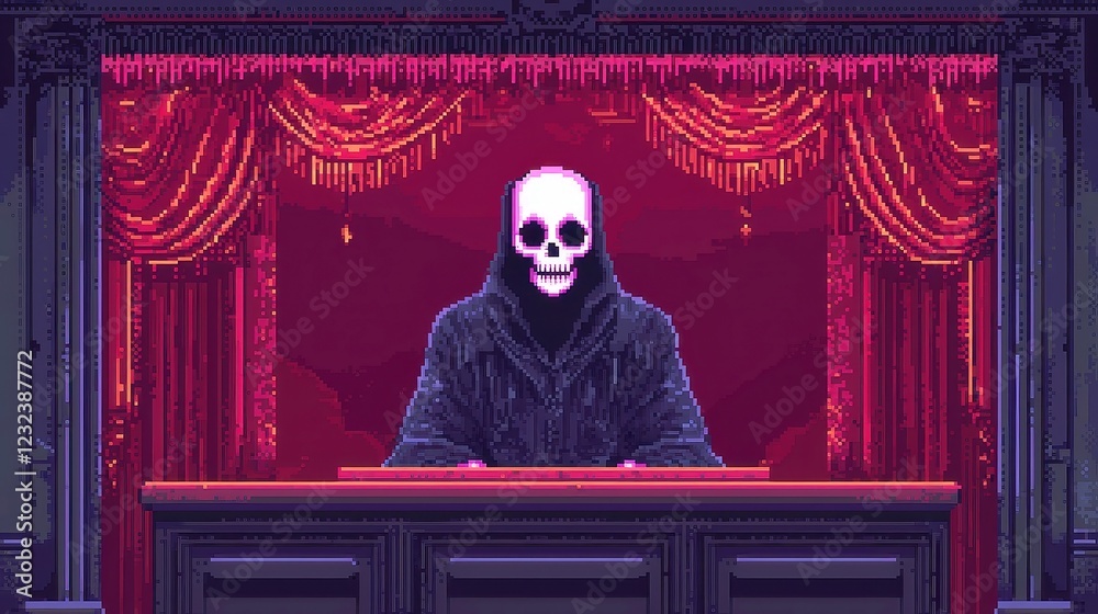 Eerie Puppet Theater, a pixel art scene featuring animated marionettes ...