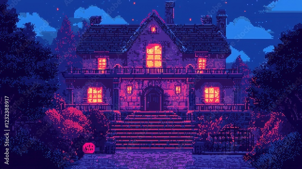 Haunted Mansion Adventure, a pixel art scene showcasing eerie mansions with flickering ghostly ...
