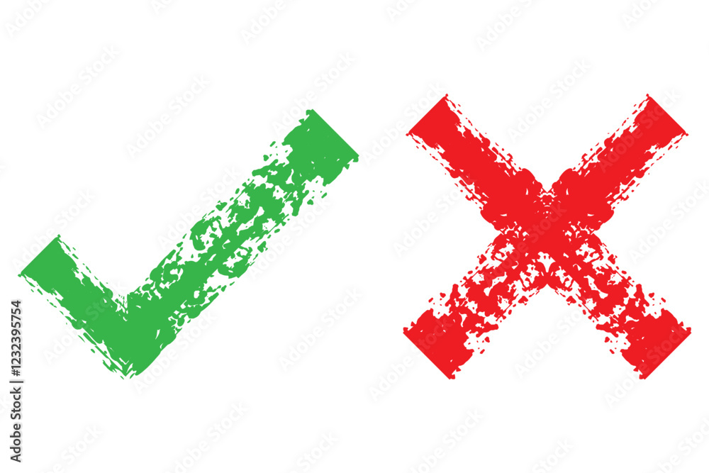 Two dirty grunge cross x and tick OK check marks in check boxes, hand ...