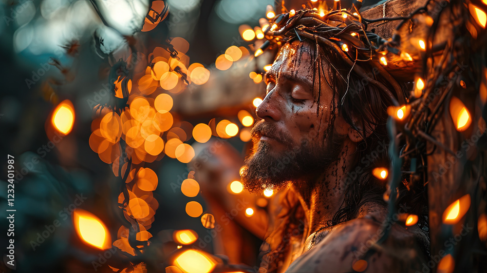 Jesus Christ Statue Suffering At The Cross On Blurry Background Stock ...