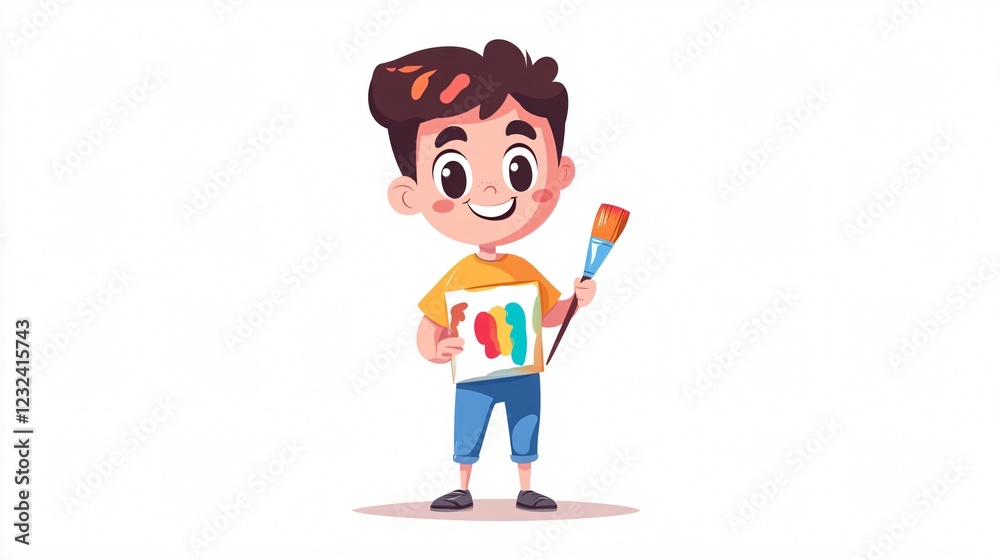 Creative Boy Artist Painting with Brush and Color Palette Stock ...