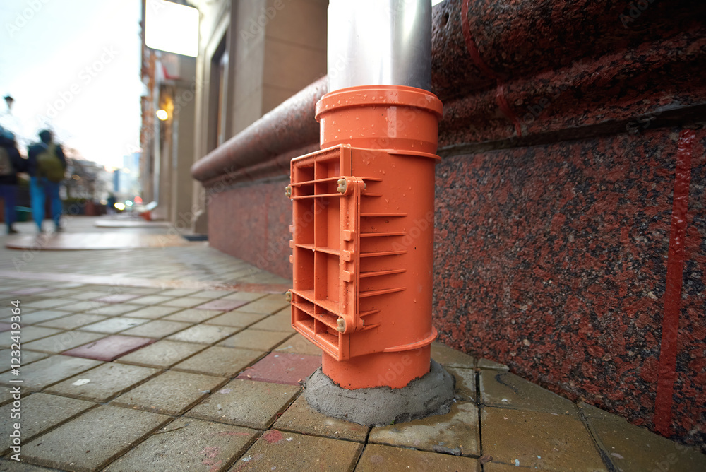 Rainwater drainage system with an orange plastic fixture attached to ...