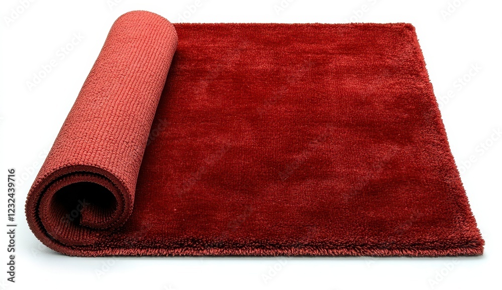 Partially rolled up deep red carpet on a white background. The carpet ...
