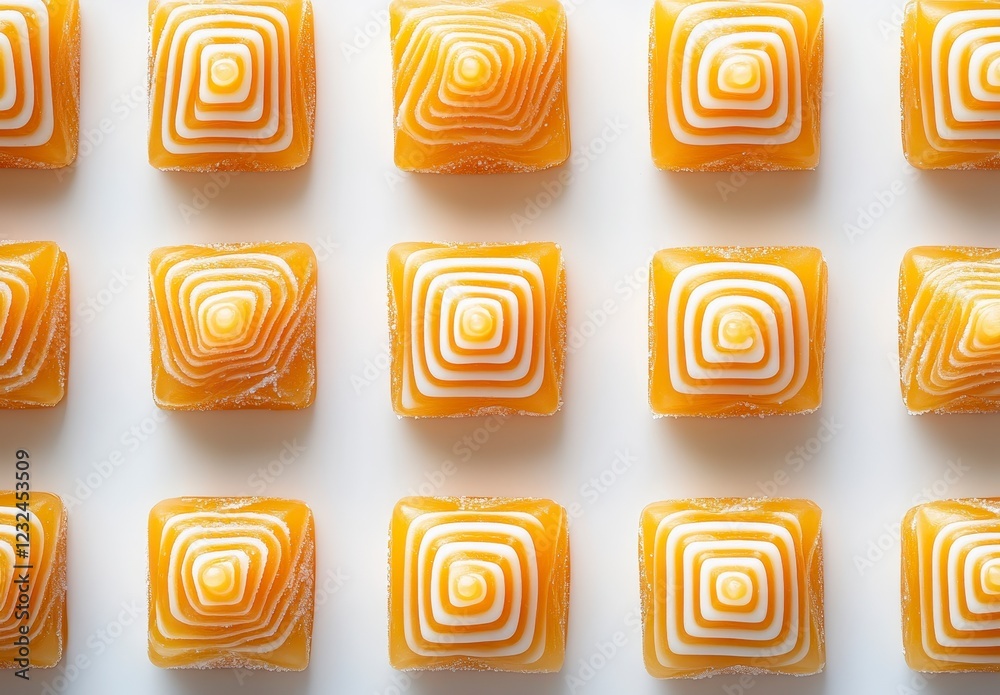 Overhead shot of multiple square shaped candies arranged in a grid ...