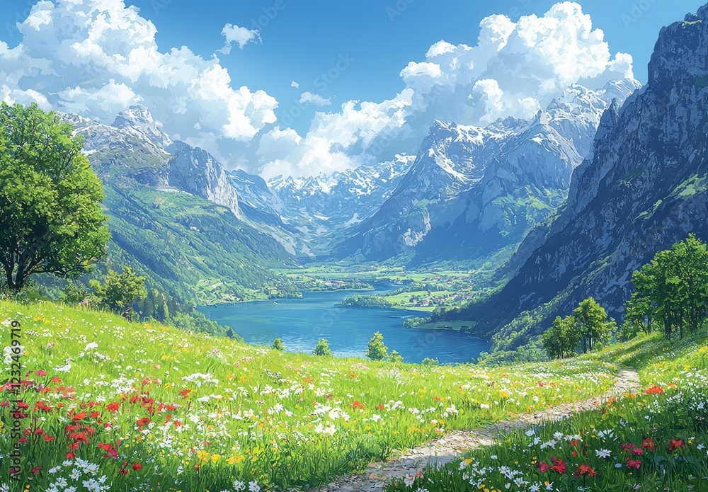 A watercolor spring landscape painting featuring trees, blooming ...