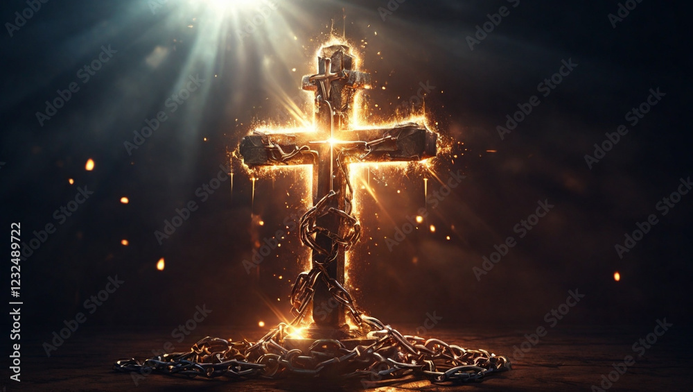 Breaking chains with glowing cross, golden light and dark background ...