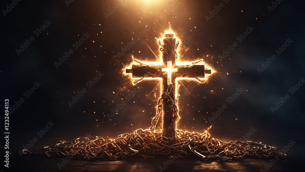 Breaking chains with glowing cross, golden light and dark background ...