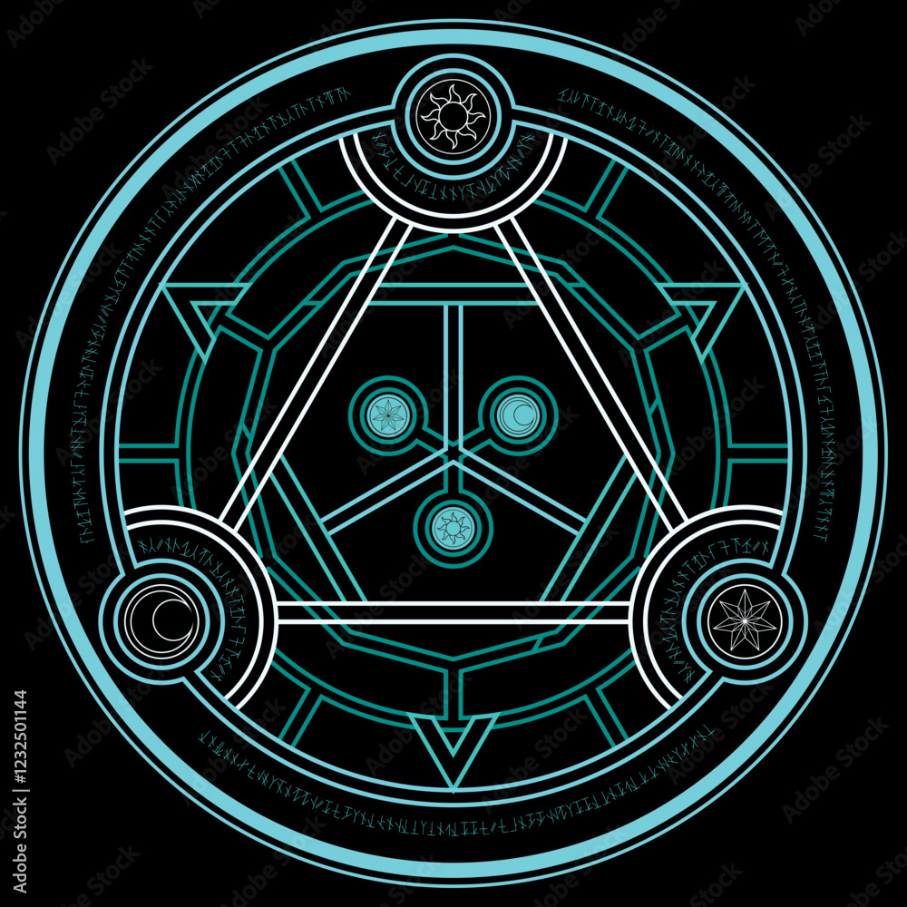 light blue magic incantation circle and triangle with fantasy alphabets ...