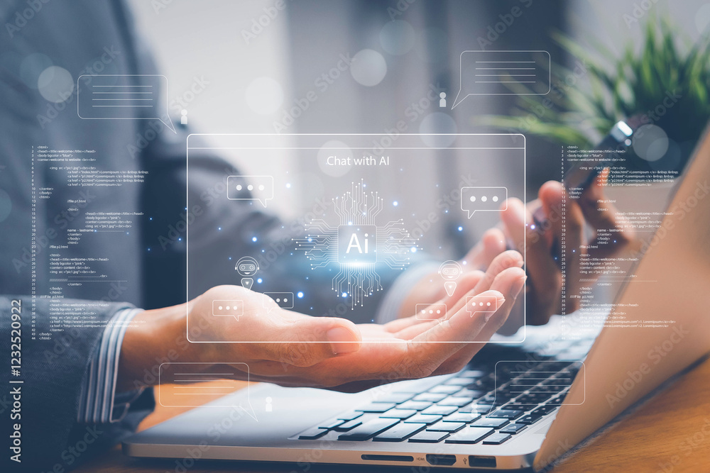 Foto de Stock AI Artificial Intelligence. Business woman using AI technology for data analysis ...