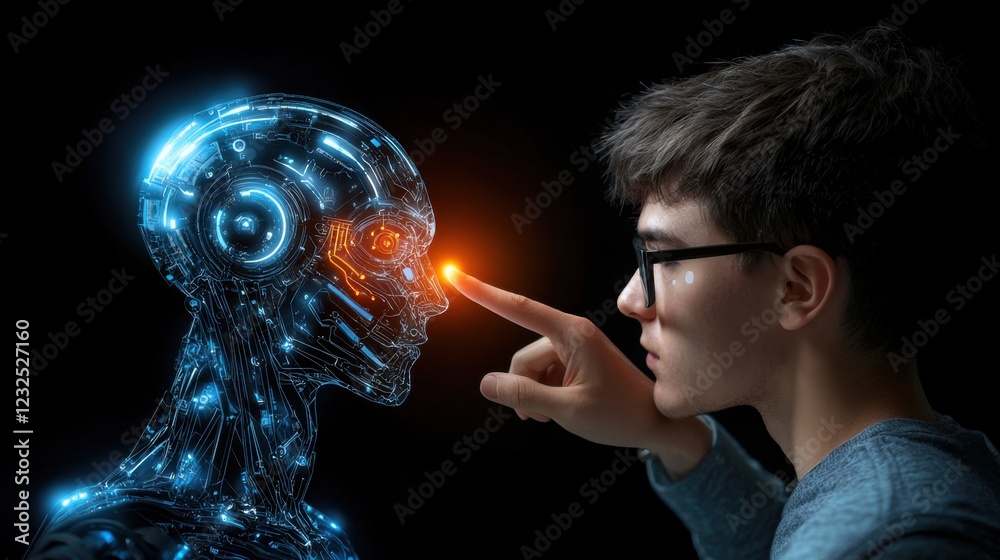 Human hand reaching out to make contact with a glowing robotic hand ...