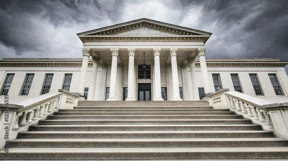 Dramatic lighting on courthouse steps with a solitary figure, moody ...