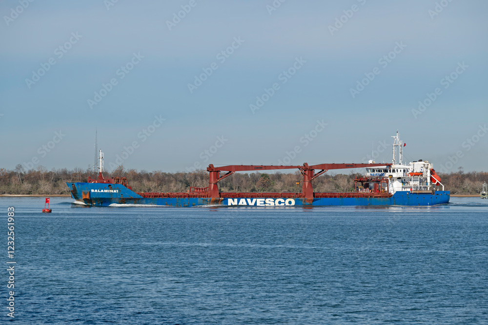 Cargo ship Navesco Salamina 1 sails out of Charleston Harbor, SC, USA ...