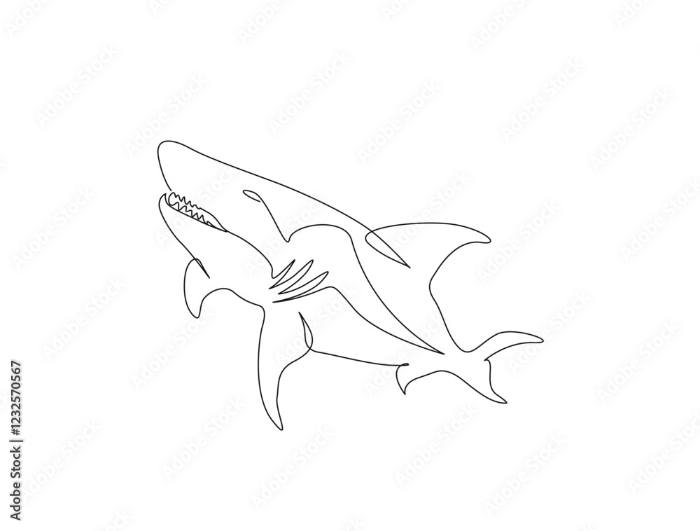 Continuous one line drawing of Great white shark in the sea. Shark fish ...