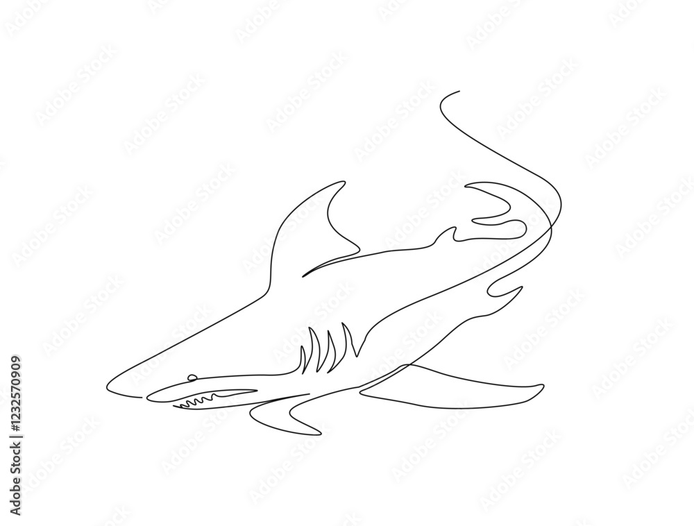 Continuous one line drawing of Great white shark in the sea. Shark fish ...