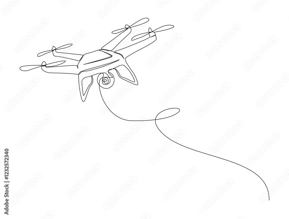 Continuous one line drawing of flying drone design. Drone aircraft in ...