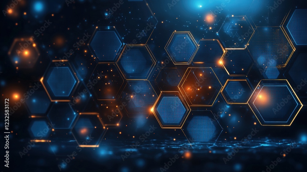 Abstract hexagon background with glowing lights in various colors and ...